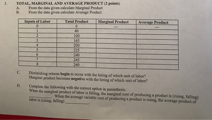 Solved 3. TOTAL, MARGINAL AND AVERAGE PRODUCT (2 points) A. | Chegg.com