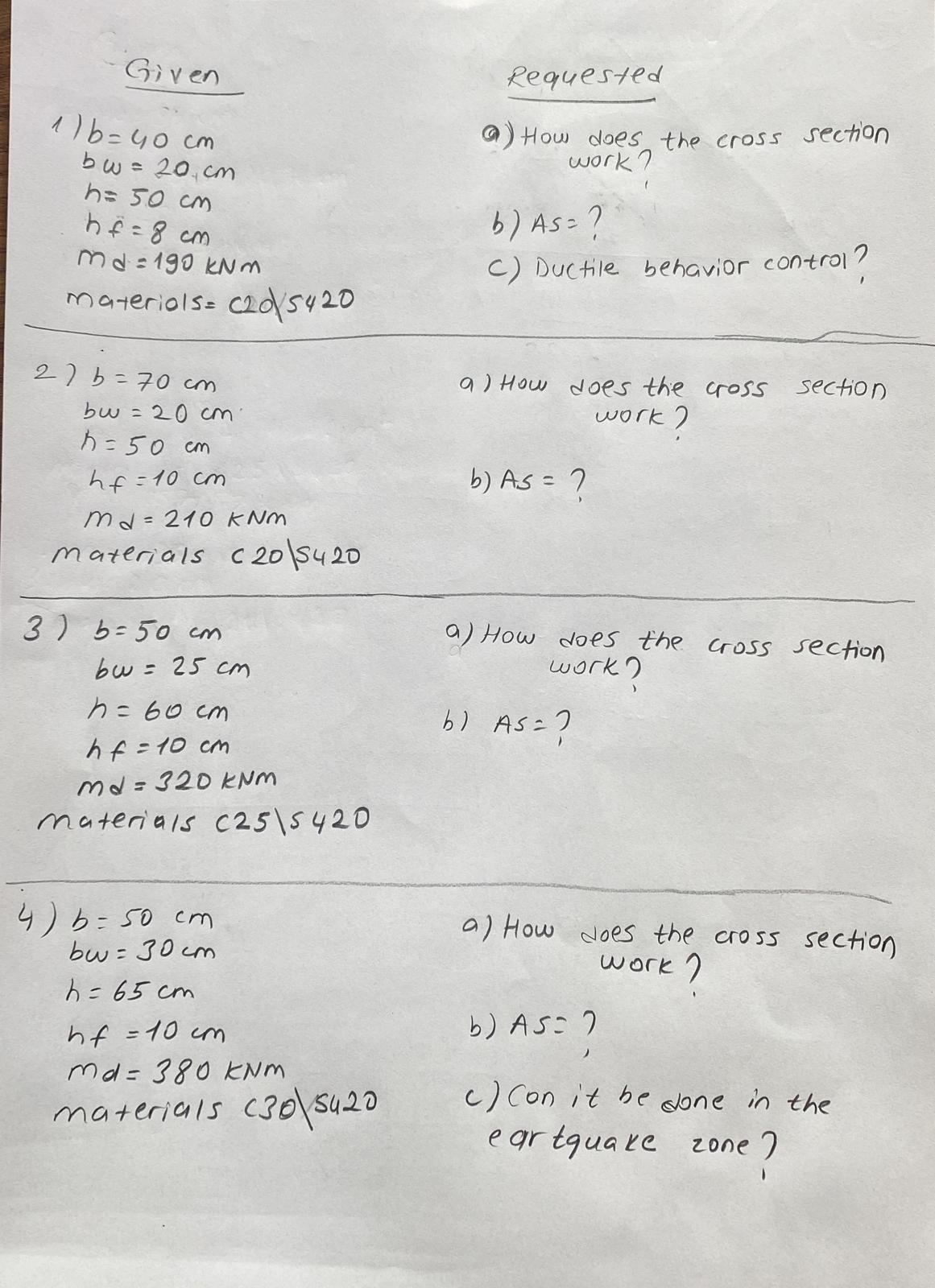 Solved Given Requested 1 1 b=40 cmbw=20 cmh=50 cmhf=8 | Chegg.com