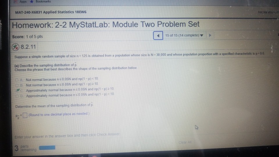 Solved : AppsBookmarks MAT-240-X6831 Applied Statistics | Chegg.com