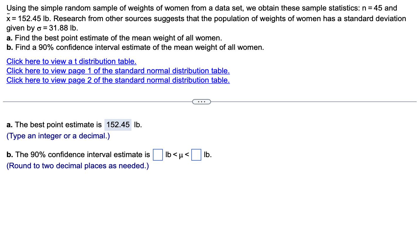 Solved Using the simple random sample of weights of women | Chegg.com