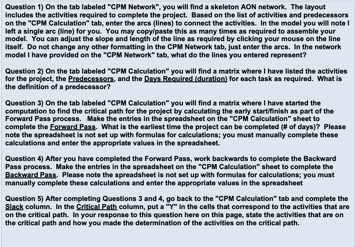 Solved Question 1) On the tab labeled "CPM Network", you | Chegg.com
