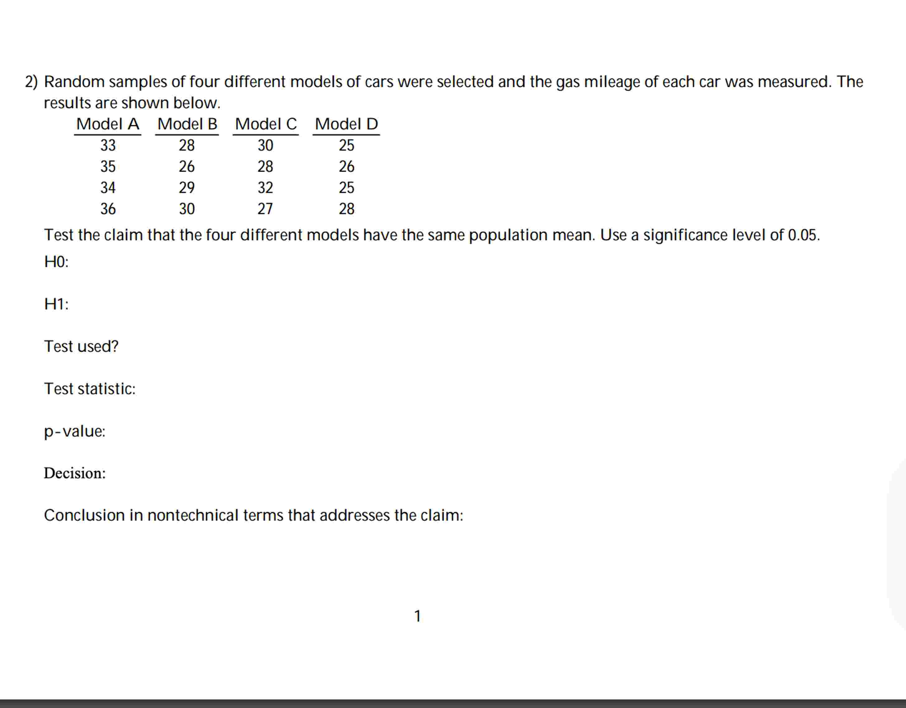 Solved 2) ﻿Random samples of four different models of cars | Chegg.com