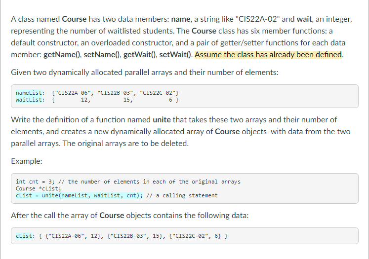 Solved A class named Course has two data members: name, a | Chegg.com
