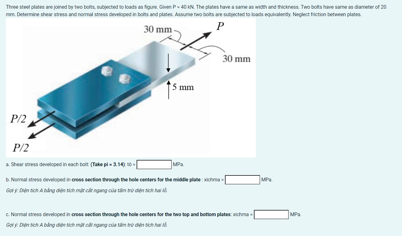 Solved Three steel plates are joined by two bolts, subjected | Chegg.com