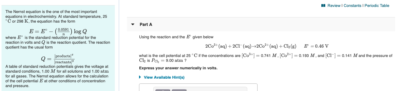 Solved Review Constants 1 Periodic Table The Nernst equation | Chegg.com