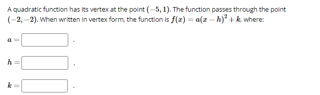 Solved A quadratic function has its vertex at the point | Chegg.com