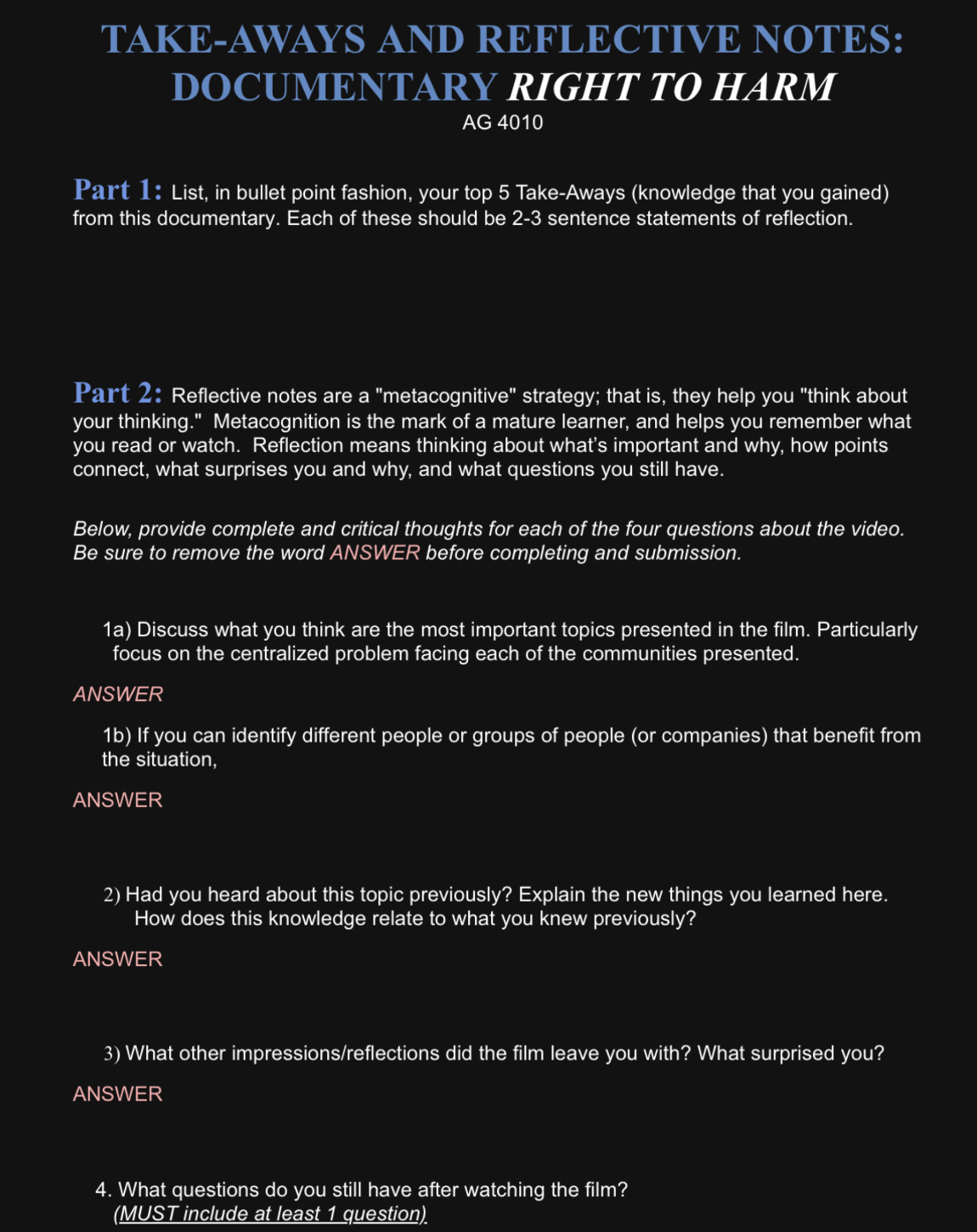 TARE-AWAYS AND REFLECTIVE NOTES: DOCUMENTARY RIGHT TO | Chegg.com