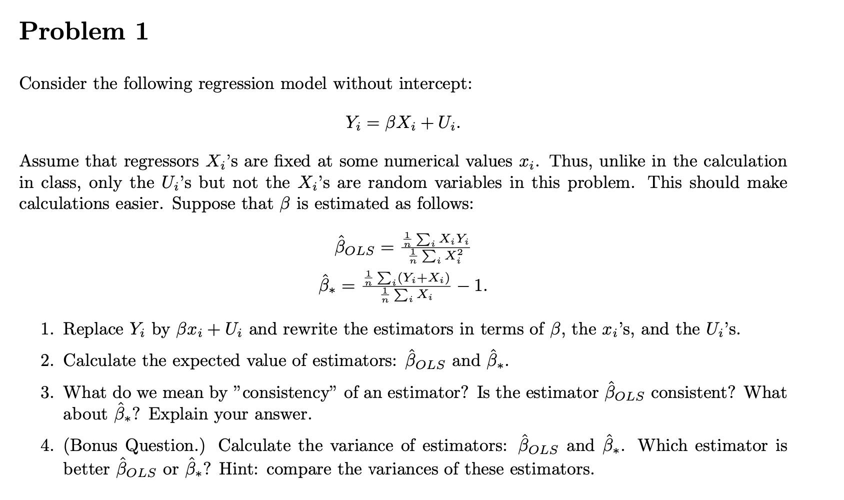 Solved Problem 1 Consider the following regression model | Chegg.com