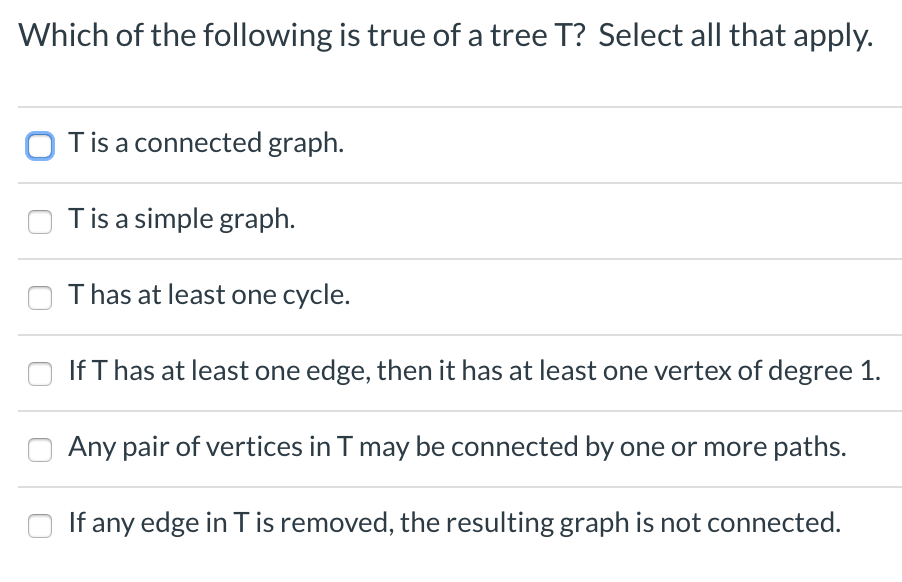 Solved Which of the following is true of a tree T? Select | Chegg.com
