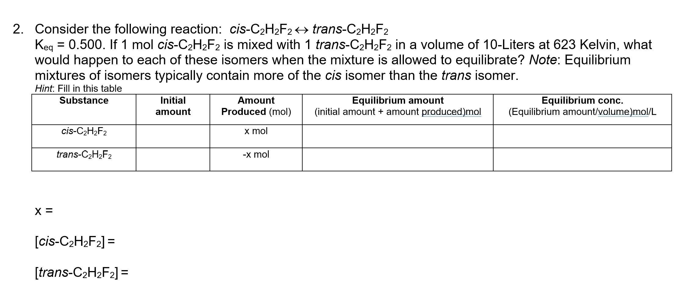 Solved Consider the following reaction: cis- C2H2 F2↔ trans- | Chegg.com