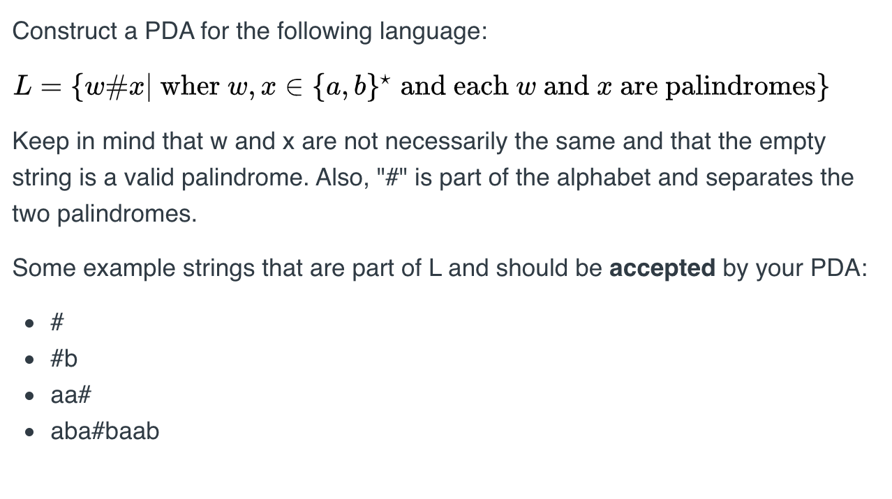 Solved Construct a PDA for the following language: L = {w#x| | Chegg.com