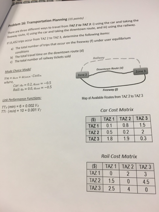 Solved Problem 16: Transportation Planning (15 points) There | Chegg.com