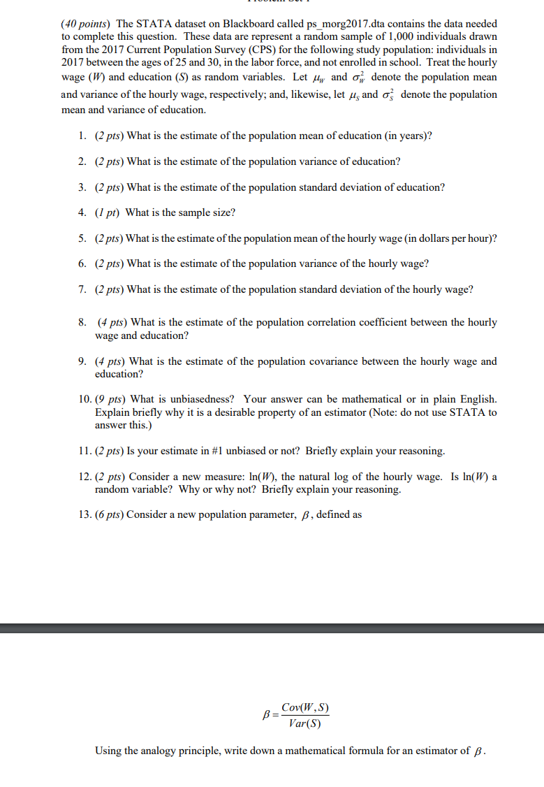(40 points) The STATA dataset on Blackboard called | Chegg.com