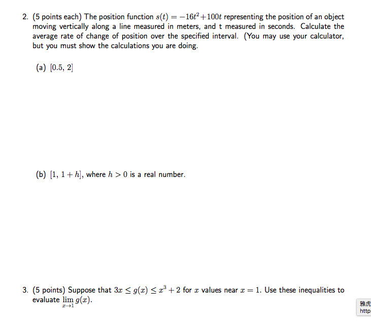 Solved 2. (5 points each) The position function s(t) = -16t2 | Chegg.com