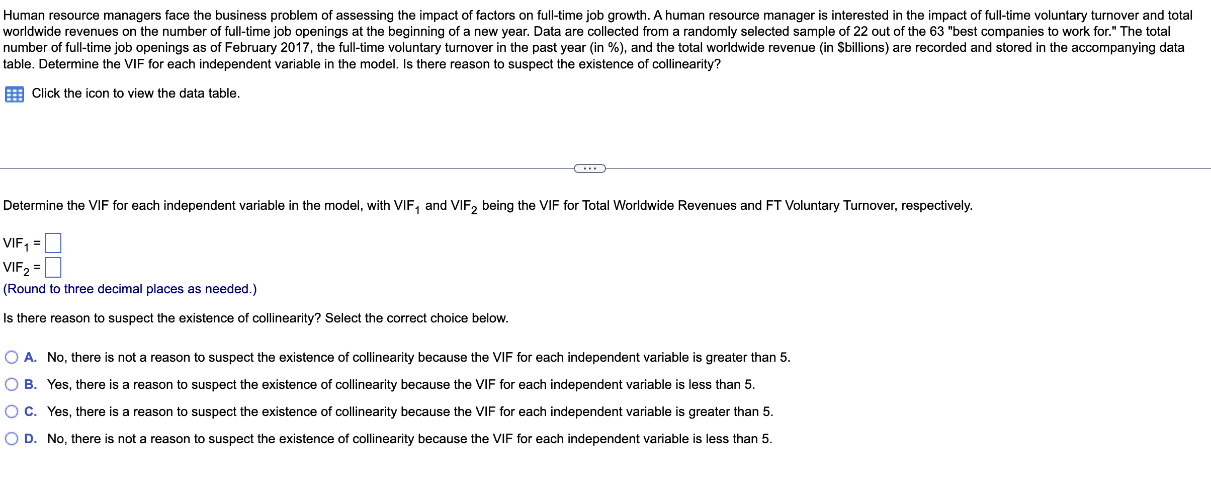Solved table. Determine the VIF for each independent | Chegg.com