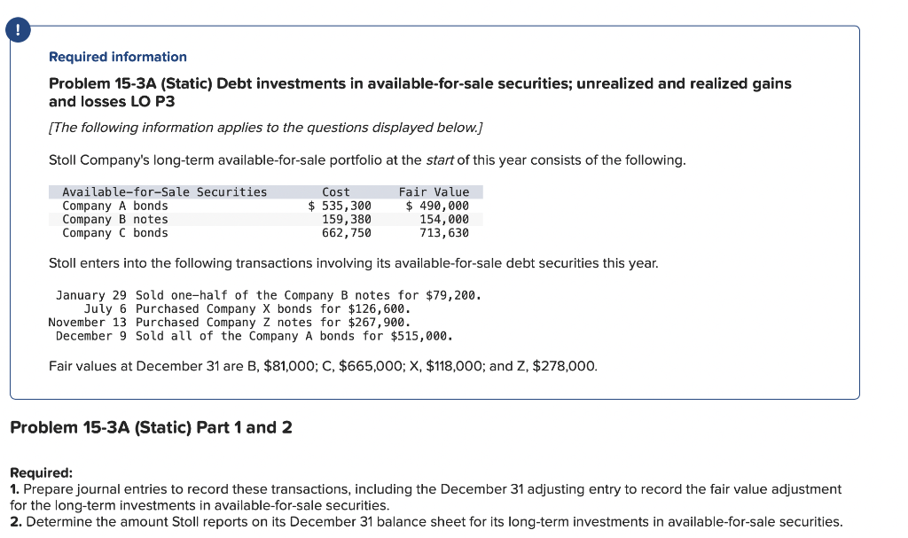 Solved ! Required information Problem 15-3A (Static) Debt | Chegg.com
