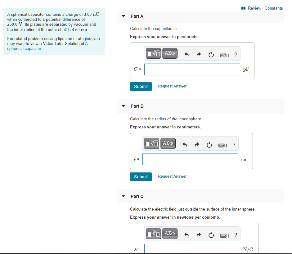 Solved Review Constants Part A A spherical capacitor | Chegg.com