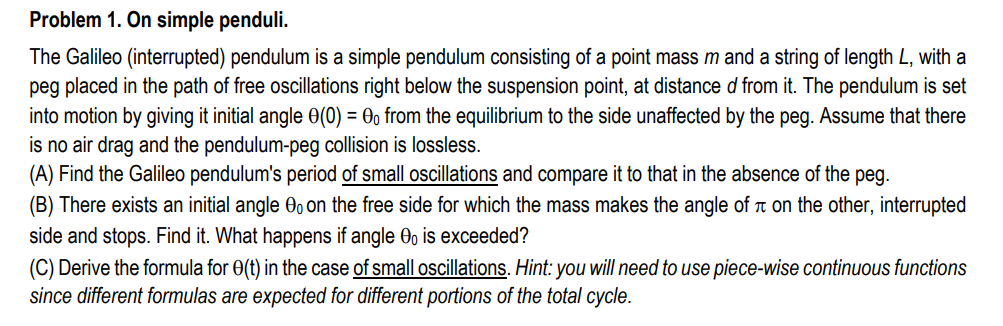 Solved Problem 1. ﻿On simple penduli.The Galileo | Chegg.com