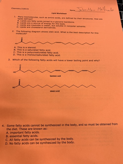 Solved Chemistry 2100-01 e neto Lipid Worksheet 1. Many | Chegg.com