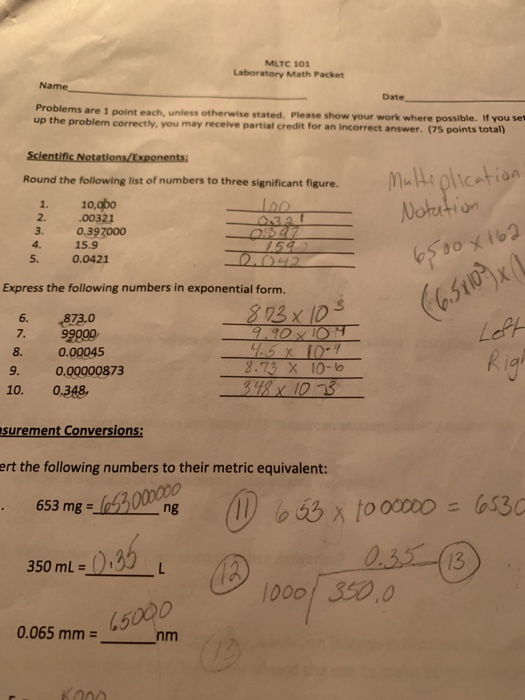 Solved MLTC 101 Laboratory Math Packet Name Date Problems | Chegg.com