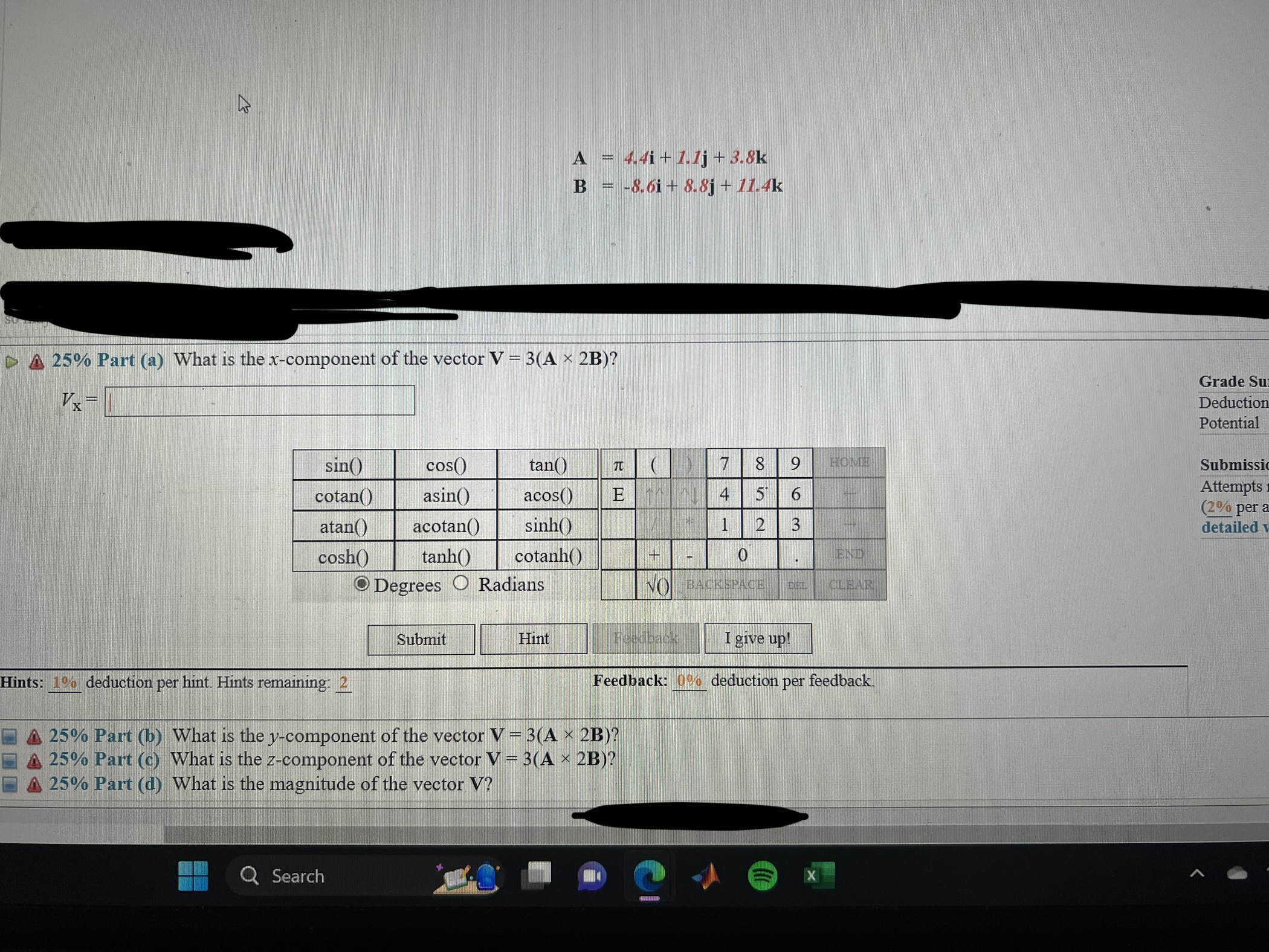 Solved A=4.4i+1.1j+3.8kB=−8.6i+8.8j+11.4k 25% Part (a) What | Chegg.com