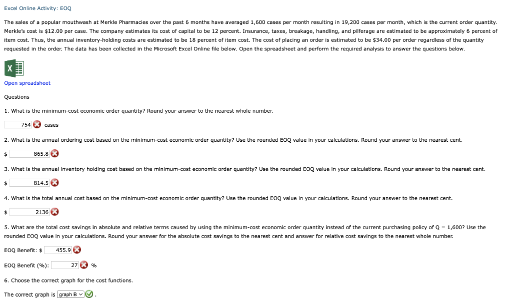 Solved Excel Online Activity: EOQ Open spreadsheet Questions | Chegg.com