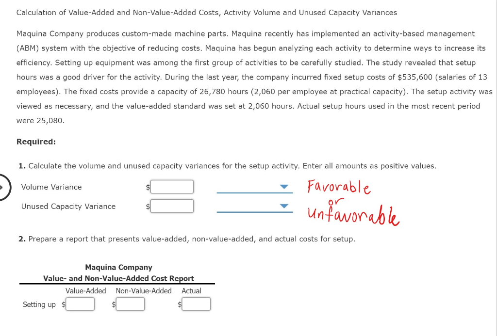 Solved Calculation of Value Added and Non-Value Added Costs, | Chegg.com