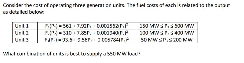 Solved Consider the cost of operating three generation | Chegg.com