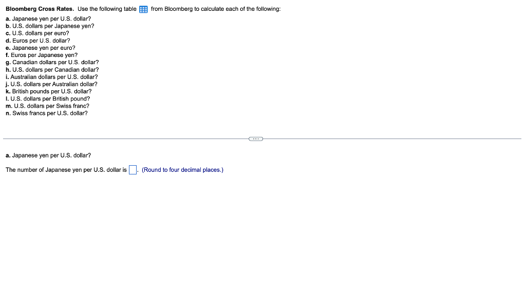 Solved Bloomberg Cross Rates. Use the following table from | Chegg.com