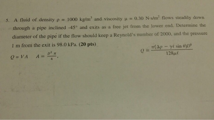 Solved A fluid of density rho = 1000 kg/m^3 and viscosity mu | Chegg.com