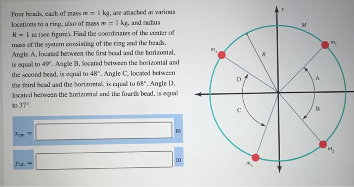 Solved Four beads, each of mass m-1 kg, are attached at | Chegg.com