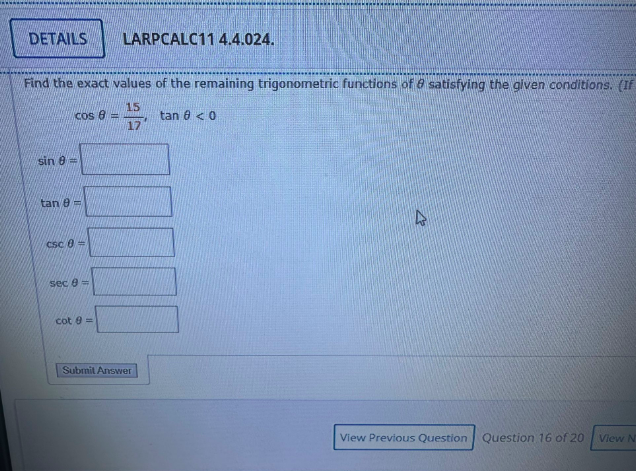 Solved Find the exact values of the remaining trigonometric | Chegg.com