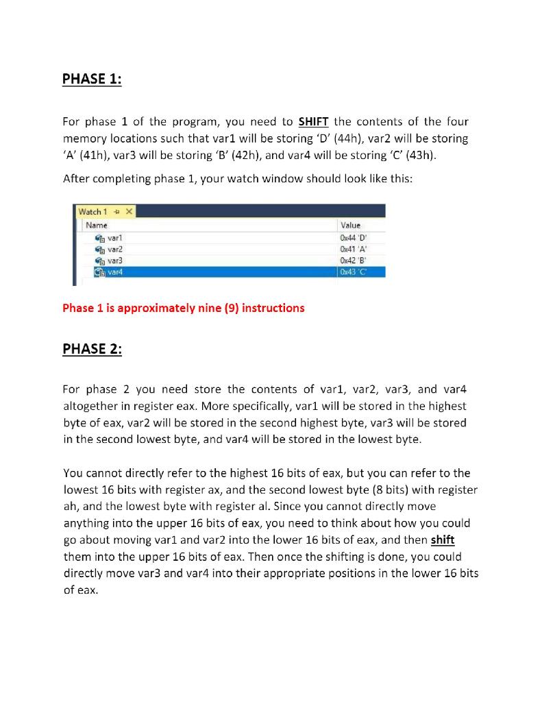 Solved For phase 1 of the program, you need to SHIFT the | Chegg.com