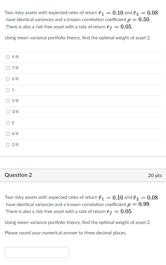 Two risky assets with expected rates of return ſi = | Chegg.com