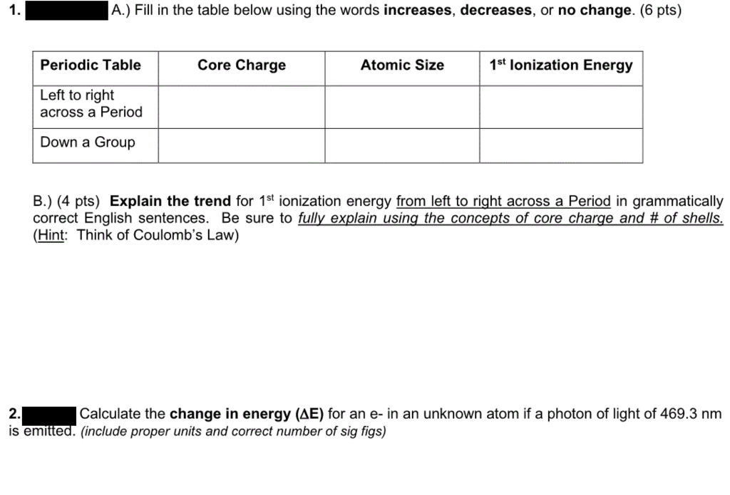 Solved 1. | A.) Fill in the table below using the words | Chegg.com