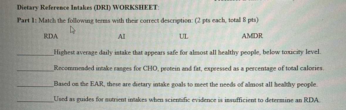 Solved Dietary Reference Intakes (DRI) WORKSHEET: Part 1: | Chegg.com