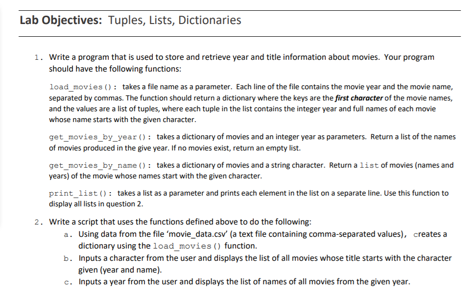 Solved Lab Objectives: Tuples, Lists, Dictionaries 1. Write | Chegg.com