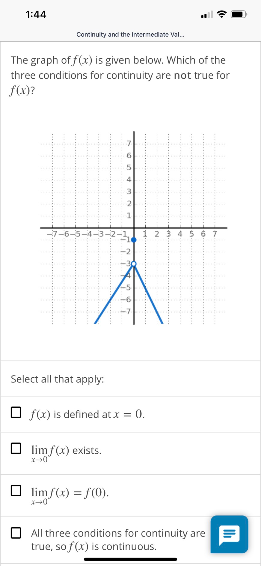 Solved 1:44 Continuity and the Intermediate Val... The graph | Chegg.com