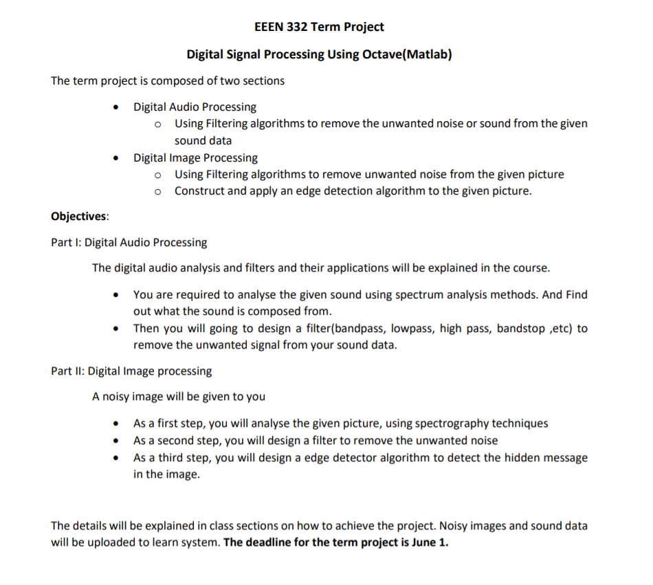 EEEN 332 Term Project Digital Signal Processing Using | Chegg.com