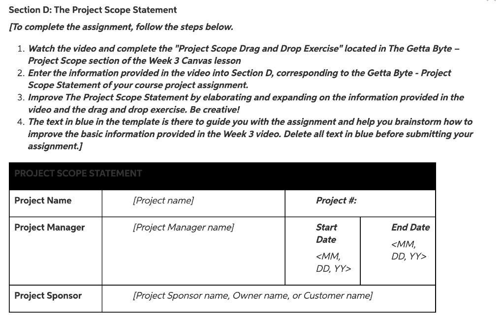 Section D: The Project Scope Statement [To complete | Chegg.com