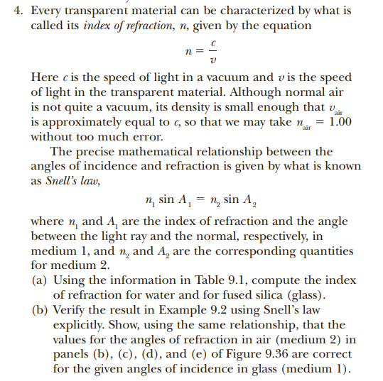 Solved Critical Angle Table 9.1 Speed of (Yellow) Light and | Chegg.com