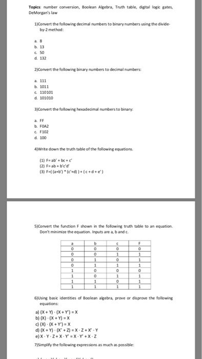 Solved Topics: number conversion, Boolean Algebra, Truth | Chegg.com