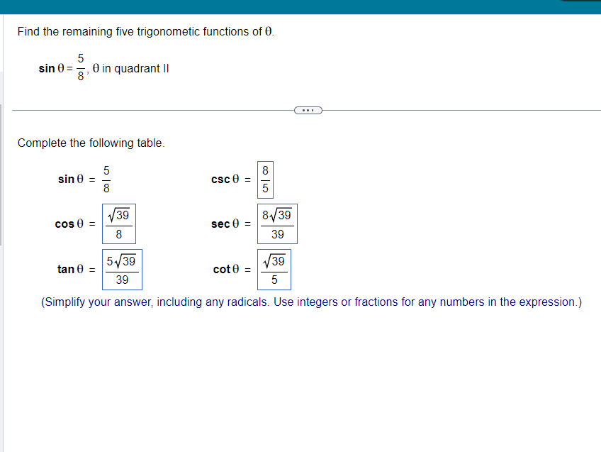 Solved Find the remaining five trigonometic functions of θ. | Chegg.com