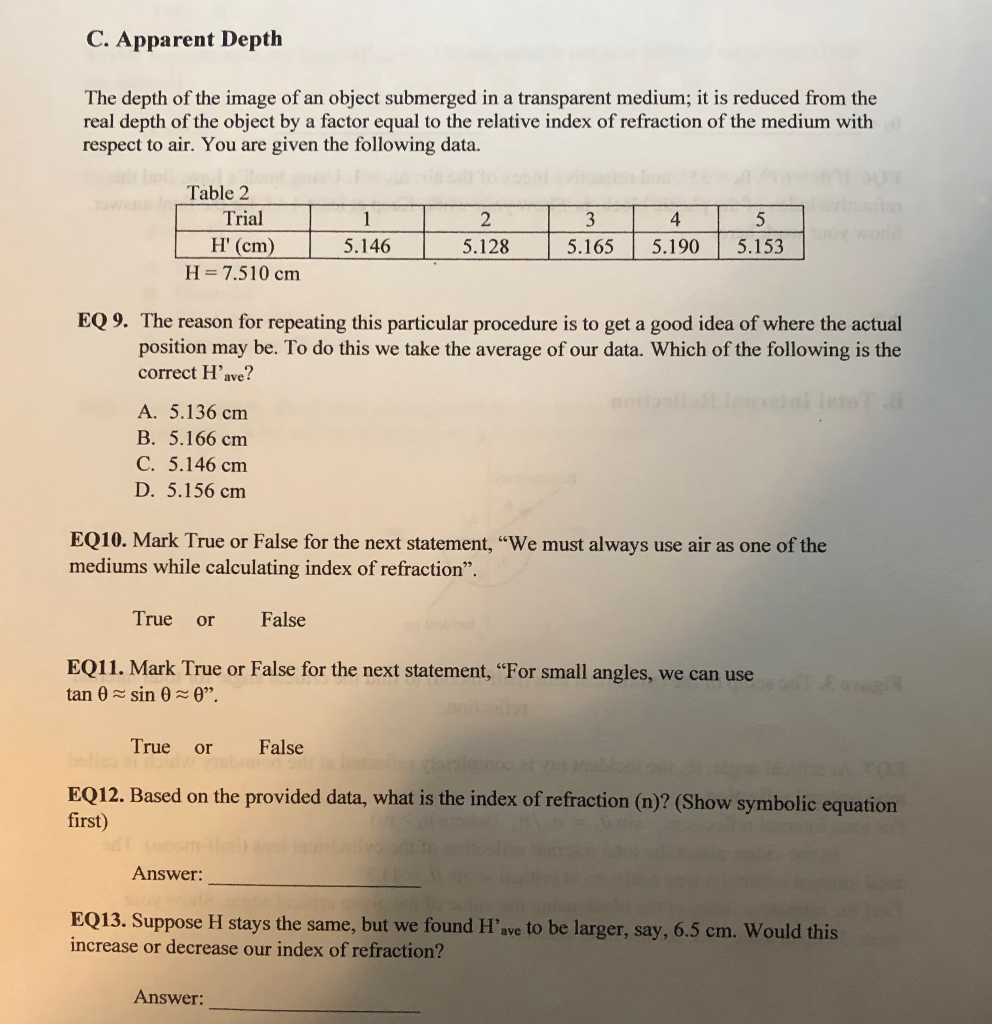 Solved C. Apparent Depth The depth of the image of an object | Chegg.com
