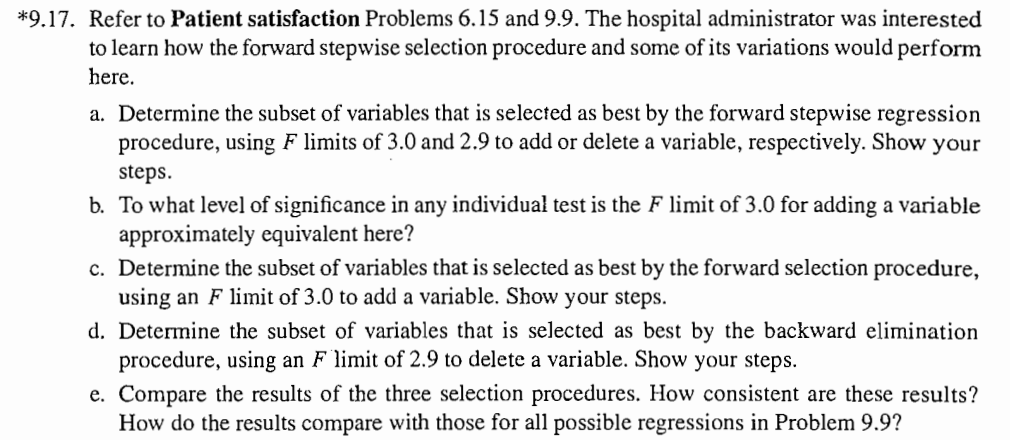 9.17. Refer to Patient satisfaction Problems 6.15 and | Chegg.com