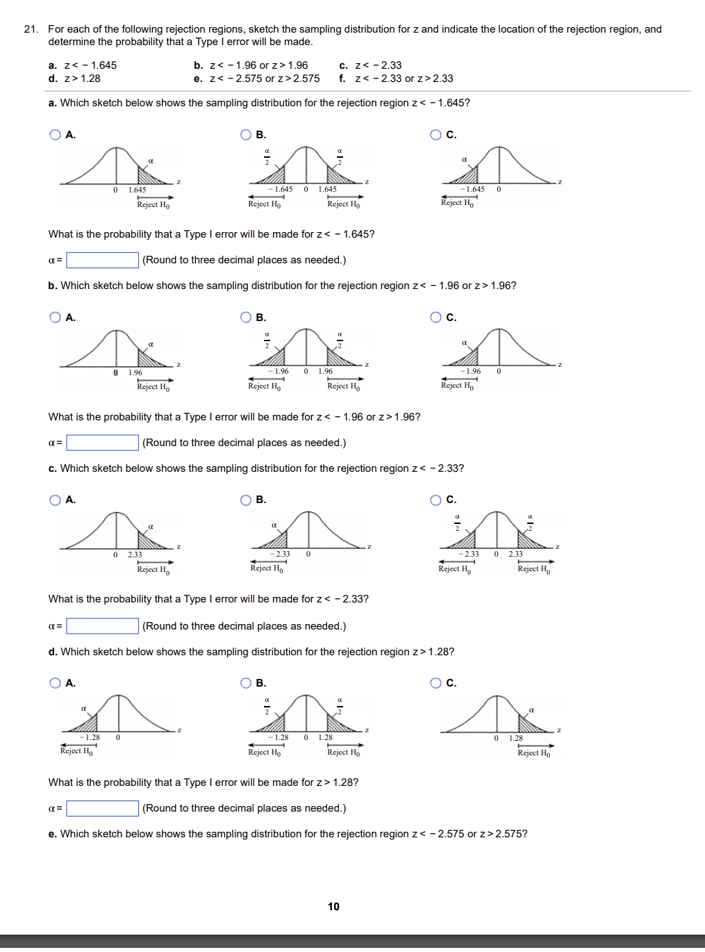 Solved For each of the following rejection regions, sketch | Chegg.com
