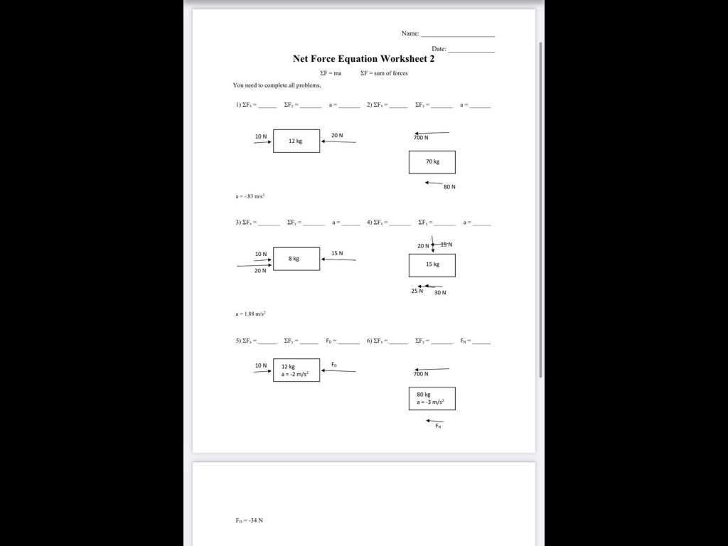 Solved Name: Date: Net Force Equation Worksheet 2 ΣF - ma | Chegg.com