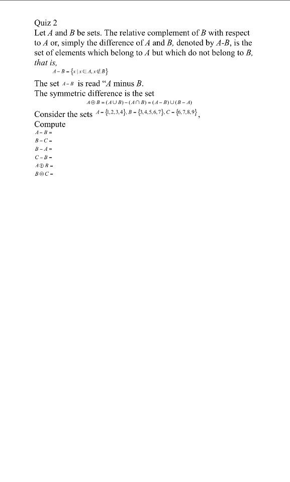 Solved Quiz 2 Let A and B be sets. The relative complement | Chegg.com