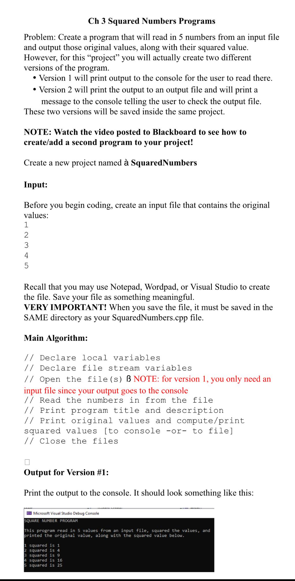 Solved Ch 3 Squared Numbers Programs Problem: Create a | Chegg.com