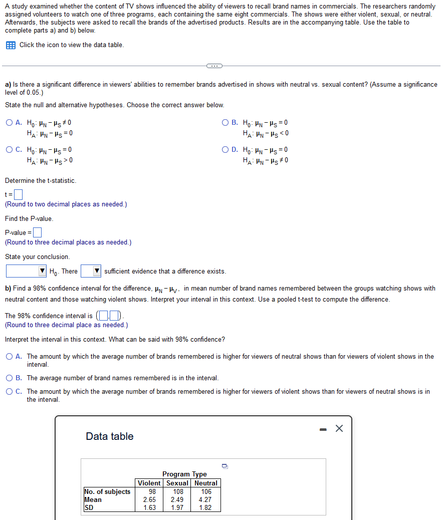 Solved A study examined whether the content of TV shows | Chegg.com